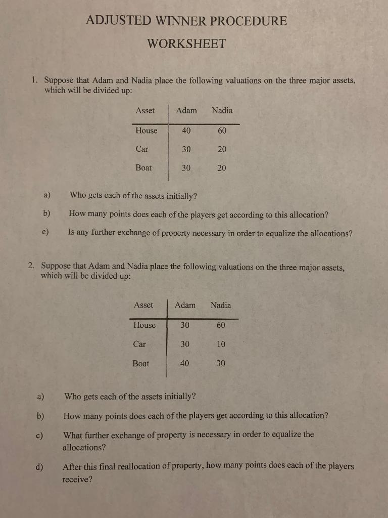 Solved ADJUSTED WINNER PROCEDURE WORKSHEET 1. Suppose that | Chegg.com