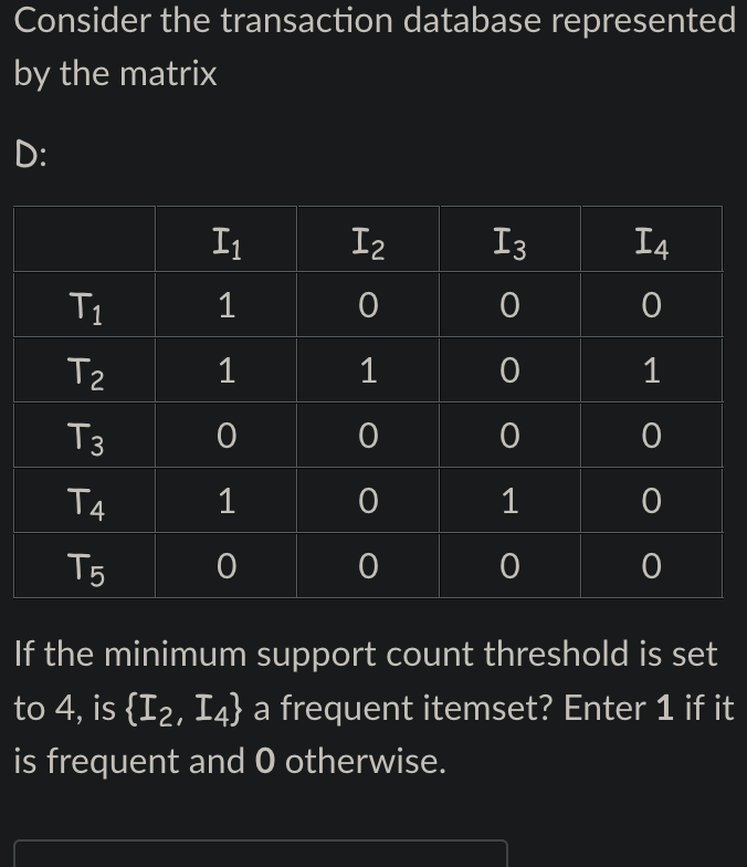 Solved Consider the transaction database represented by the | Chegg.com