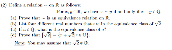 Solved Define A Relation ∼ On R As Follows For X Y∈r We