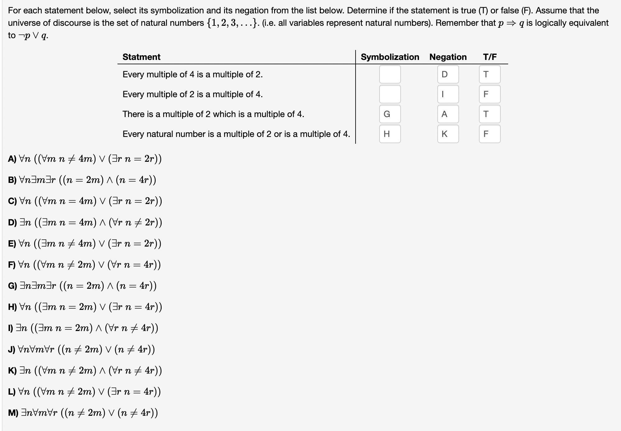 Solved For each statement below, select its symbolization | Chegg.com