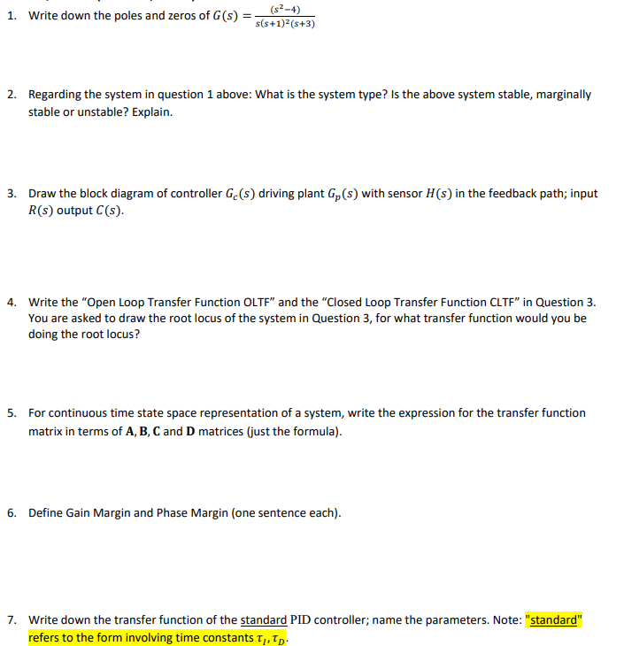 Solved 1. Write down the poles and zeros of | Chegg.com