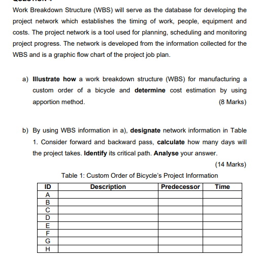 Solved Work Breakdown Structure (WBS) will serve as the | Chegg.com