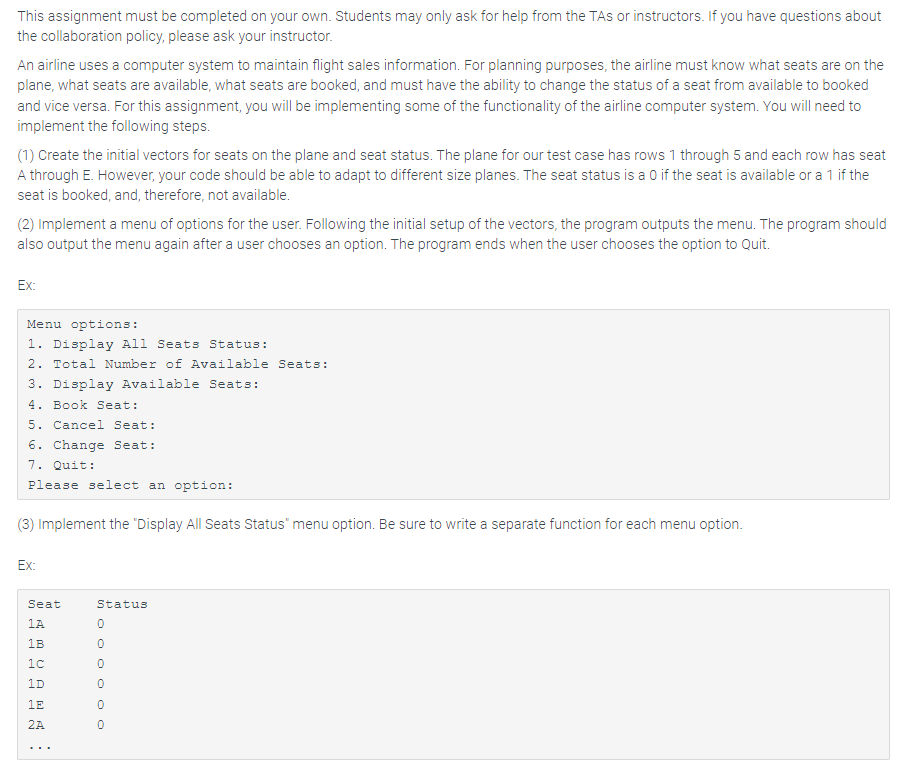 Solved 9.7 PROGRAM 2: Airline Seat Booking Program LAB | Chegg.com