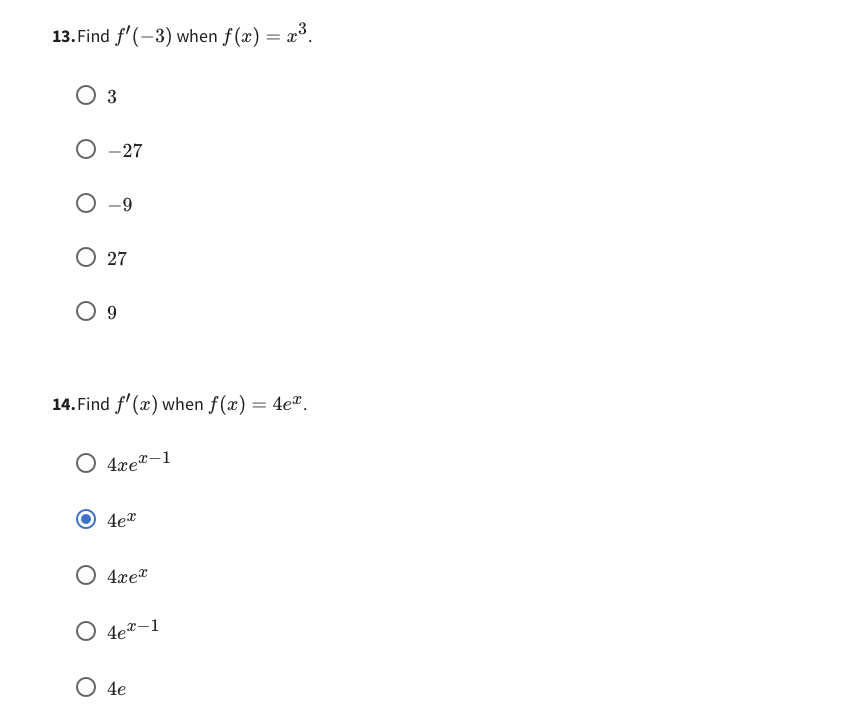 Solved 13. Find f′(−3) when f(x)=x3. 3 −27 −9 27 9 14. Find | Chegg.com