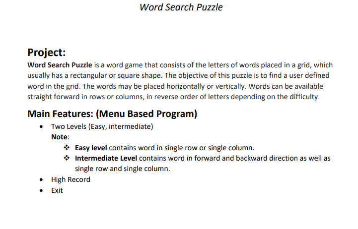 Solved Word Search Puzzle Project: Word Search Puzzle is a | Chegg.com