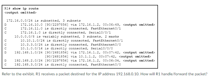 Solved R1# show ip route. 172.16.0.0/24 is | Chegg.com