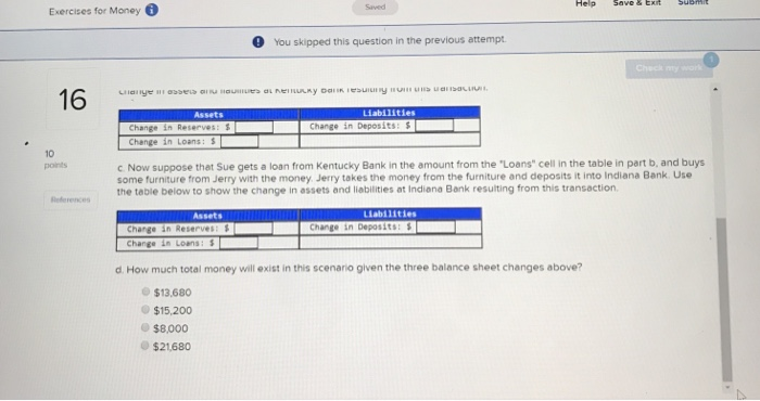 Solved Help Save & Exit Submit Exercises for Money 0 You | Chegg.com