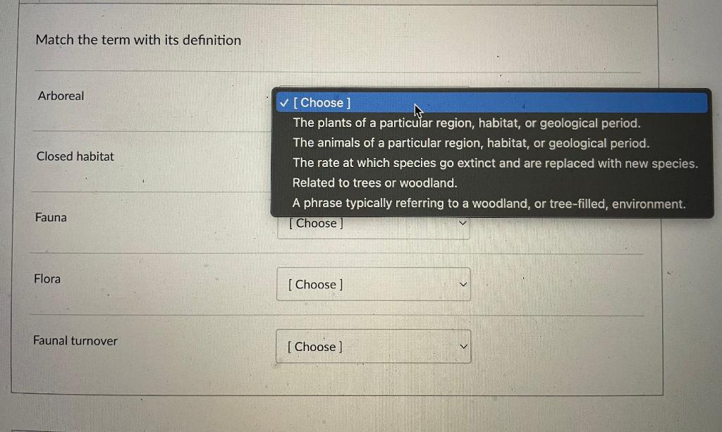 Solved Match the term with its definition Arboreal Closed | Chegg.com