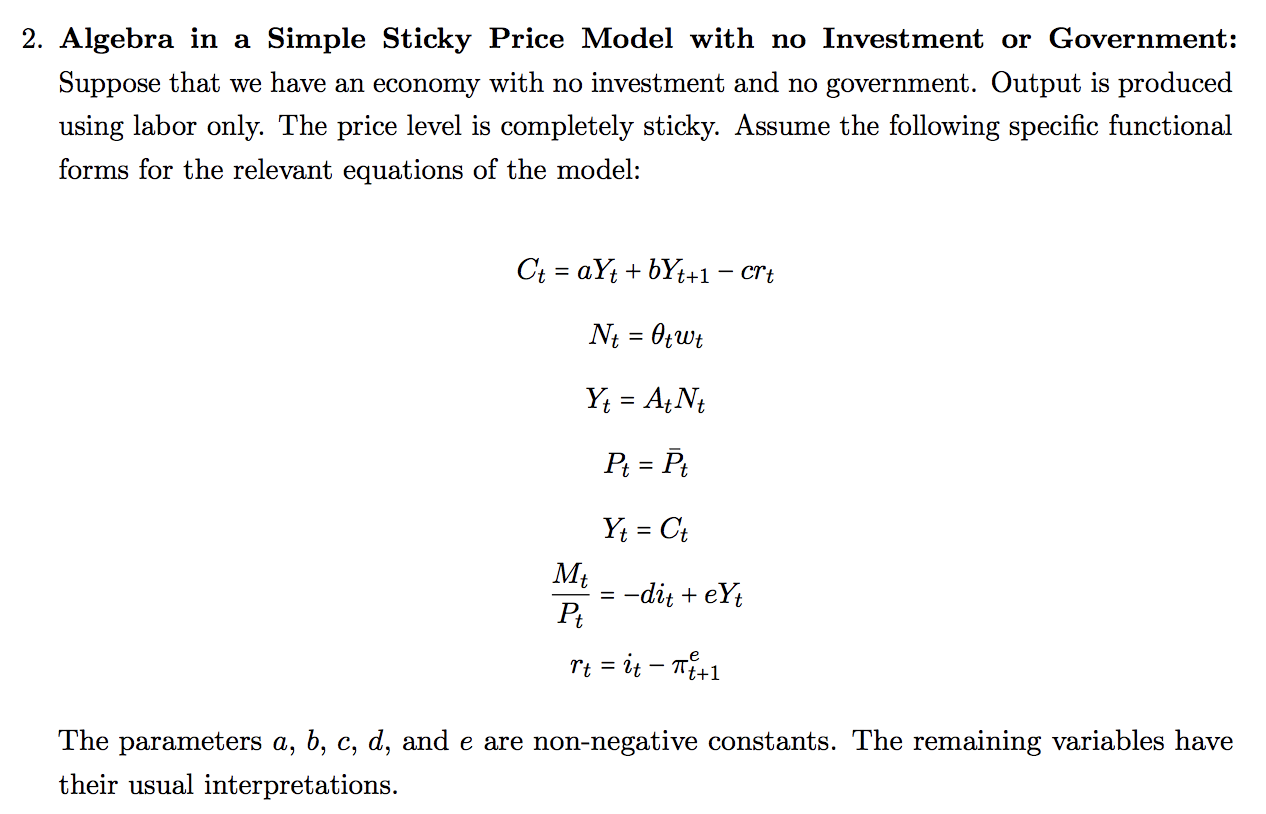 Solved 2. Algebra in a Simple Sticky Price Model with no | Chegg.com