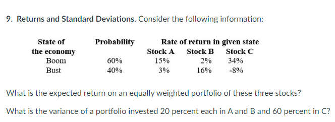 Solved 9. Returns and Standard Deviations. Consider the | Chegg.com