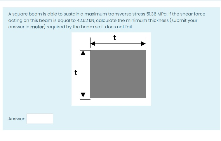 Solved A square beam is able to sustain a maximum transverse | Chegg.com