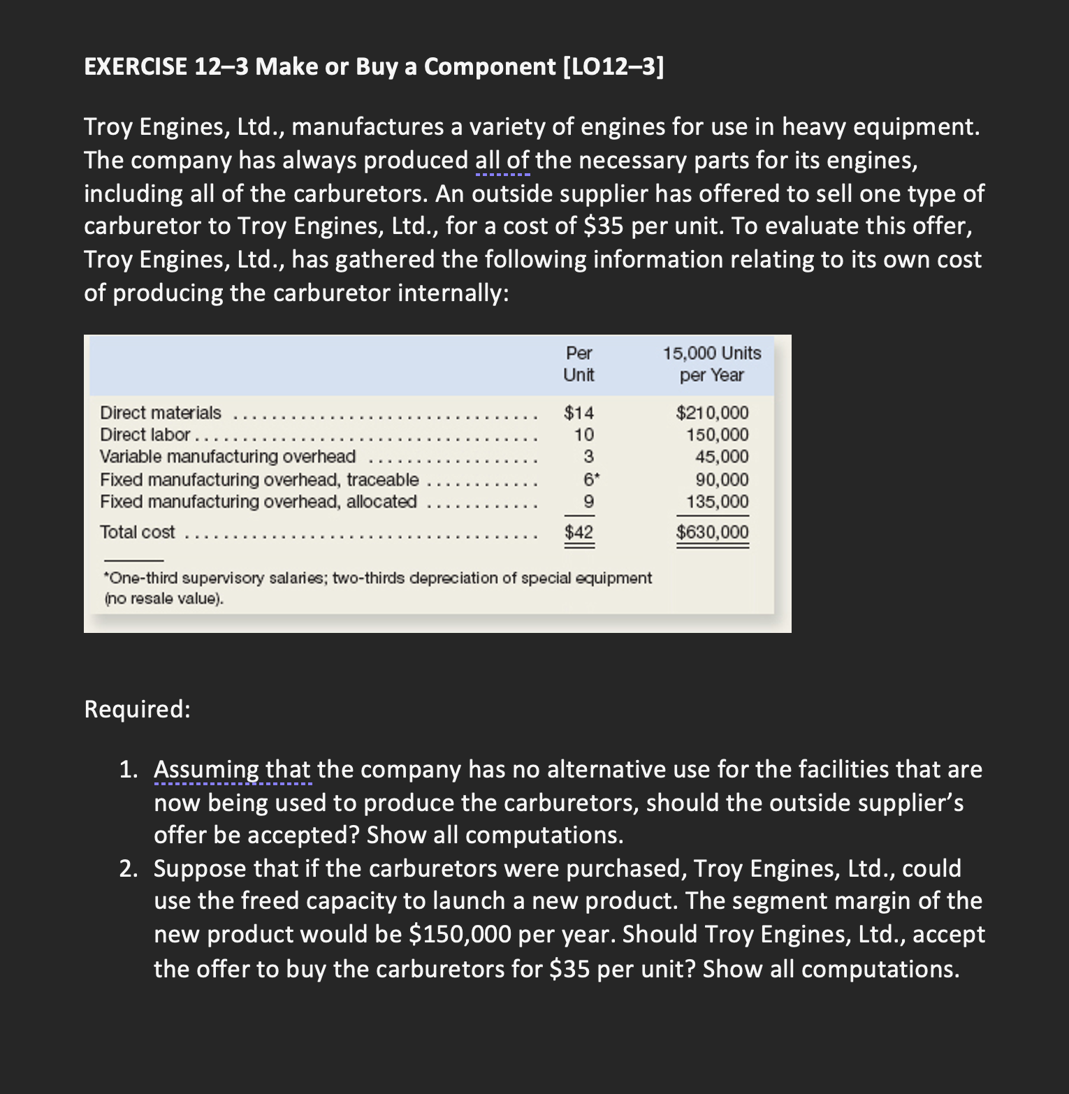 Solved EXERCISE 12-3 Make or Buy a Component [LO12-3] Troy | Chegg.com