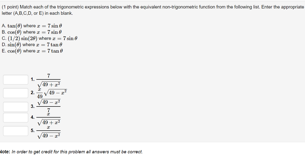 Solved (1 point) Match each of the trigonometric expressions | Chegg.com