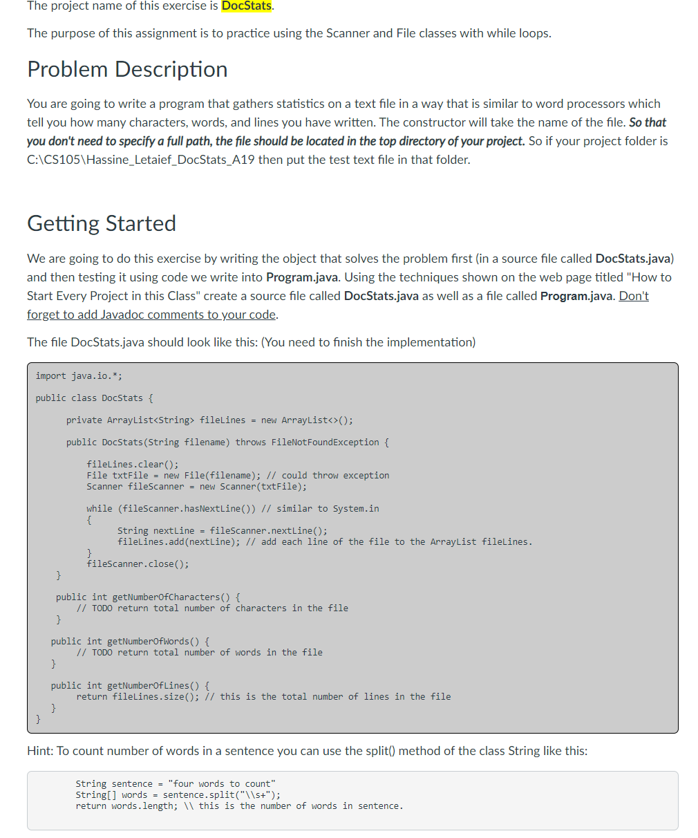 Solved The project name of this exercise is DocStats. The | Chegg.com