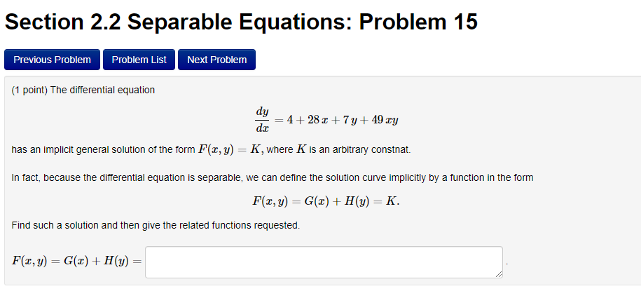 Solved Section 2 2 Separable Equations Problem 15 Previous