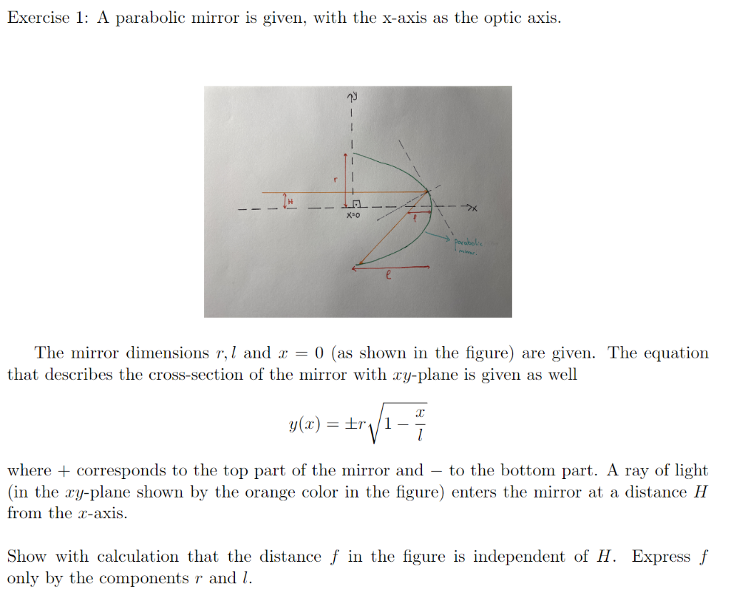 Solved Exercise 1: A parabolic mirror is given, with the | Chegg.com