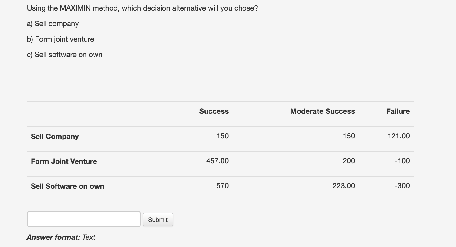 Solved Using the MAXIMIN method, which decision alternative | Chegg.com