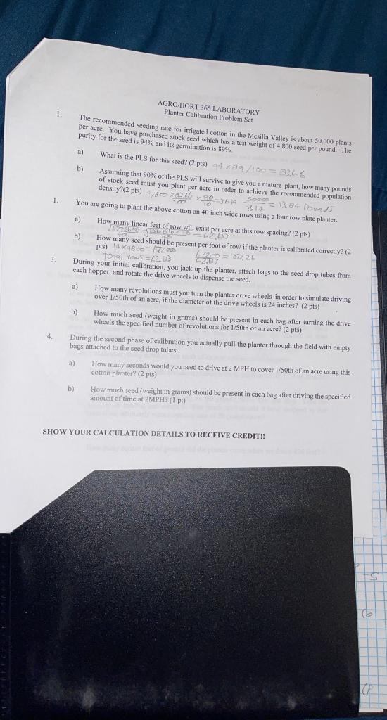 Solved 1. 1. AGROHORT 365 LABORATORY Planter Calibration | Chegg.com