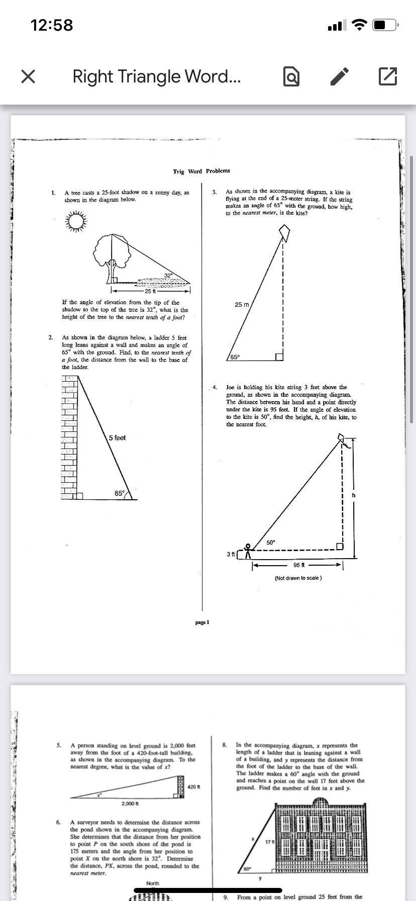Solved 12:58 Х Right Triangle Word... Trig Word Problems 1. | Chegg.com