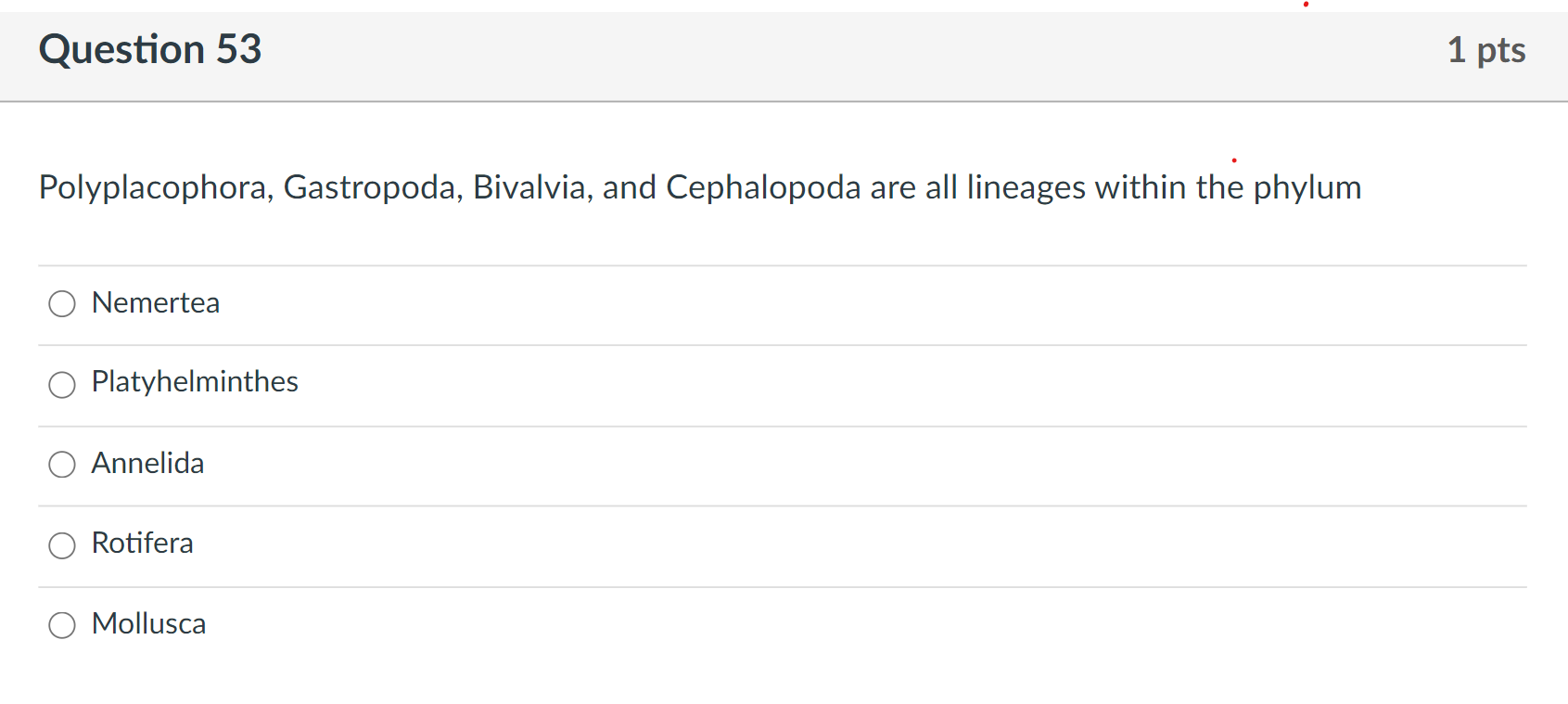 Solved Question 53 1 pts Polyplacophora, Gastropoda, | Chegg.com