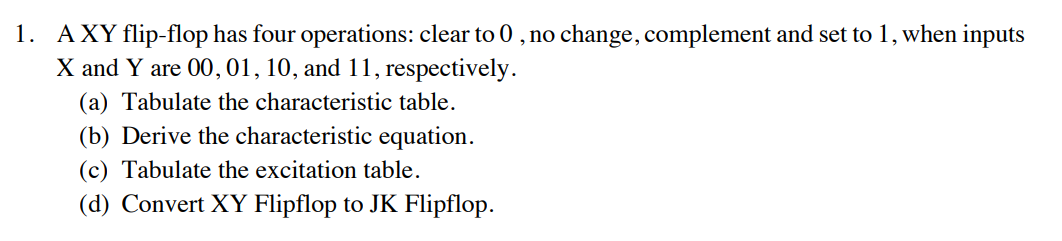 Solved 1. A XY flip-flop has four operations: clear to 0, no | Chegg.com