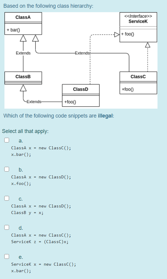 Solved Based on the following class hierarchy: ClassA | Chegg.com
