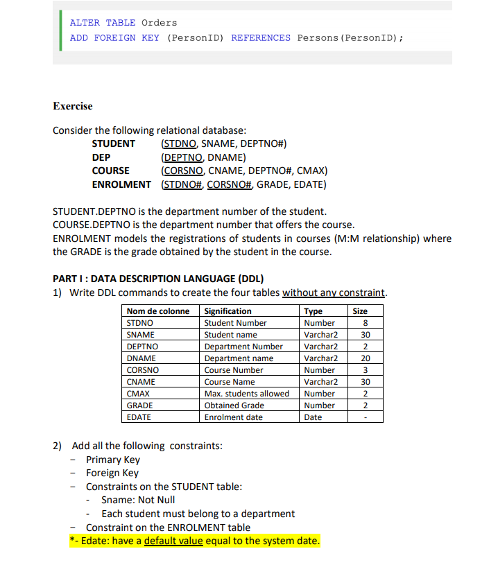 Solved ALTER TABLE Orders ADD FOREIGN KEY (PersonID) | Chegg.com