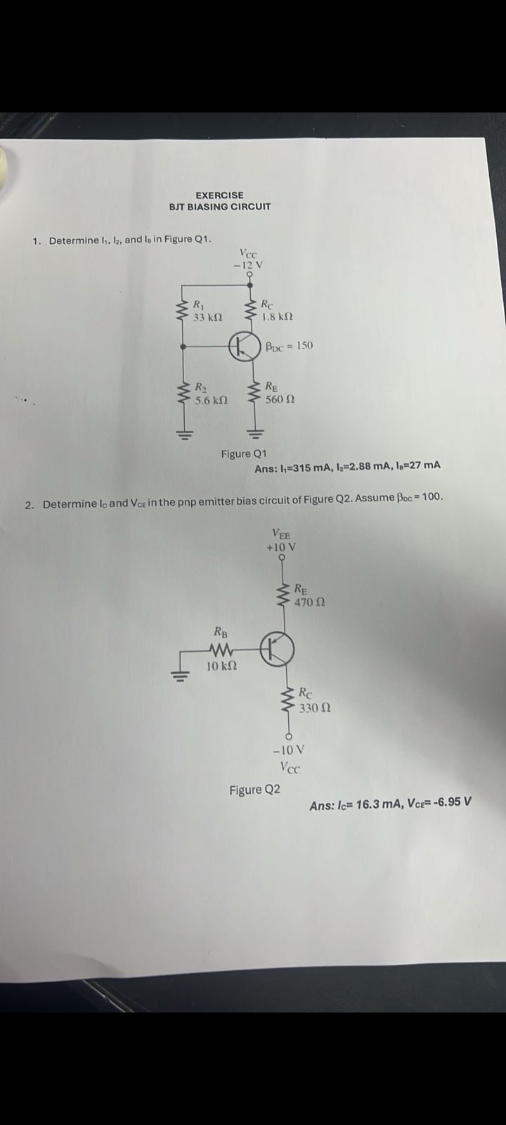 Solved EXERCISEBJT ﻿BIASING CIRCUITDetermine l1,l2, ﻿and | Chegg.com