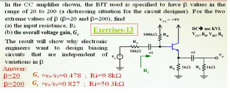 Solved In the CC amplifier shown, the BJT used is specified | Chegg.com