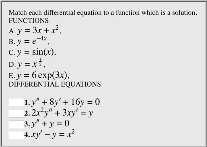 Solved Match each differential equation to a function which | Chegg.com Solved Match each differential equation to a function which | Chegg.com