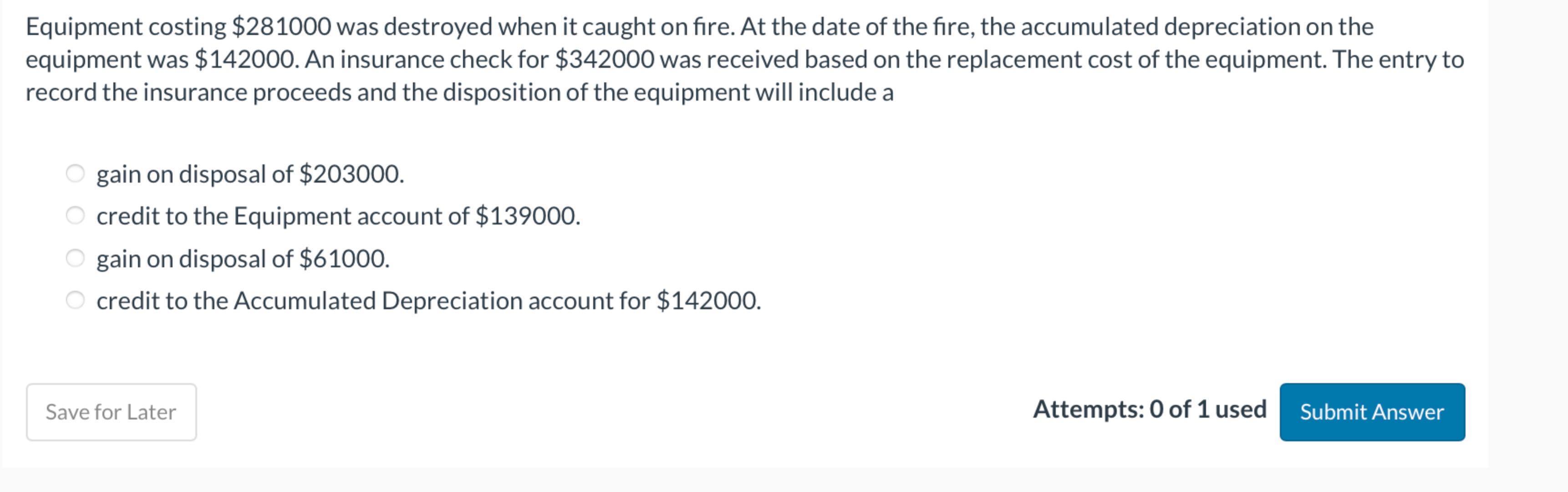 Solved Equipment costing $281000 ﻿was destroyed when it | Chegg.com