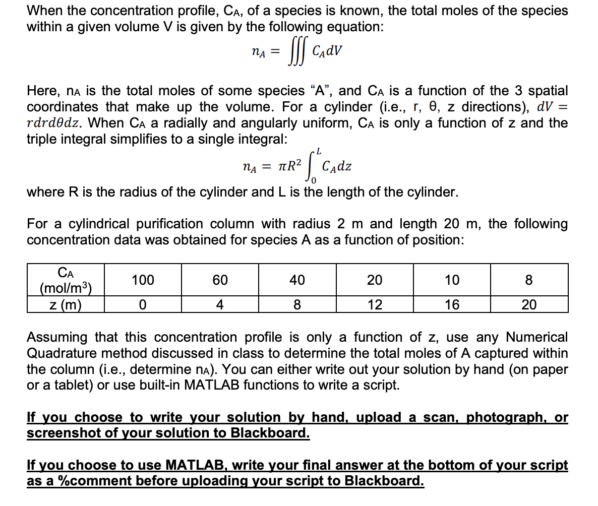 When the concentration profile, CA, of a species is | Chegg.com