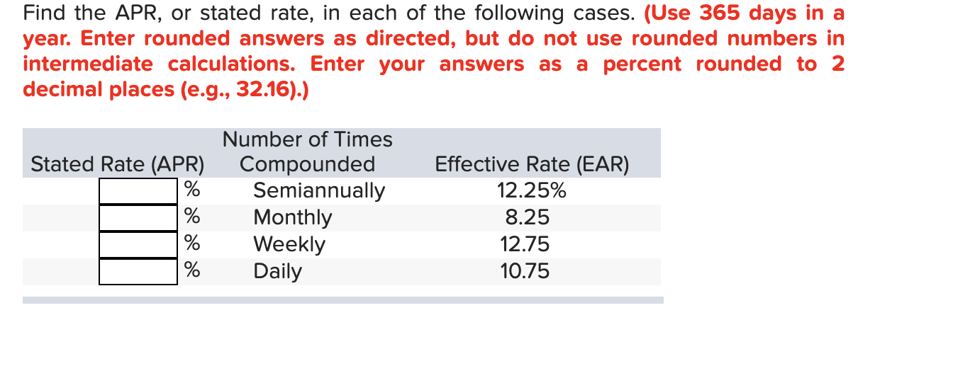 Solved Find the APR, or stated rate, in each of the | Chegg.com