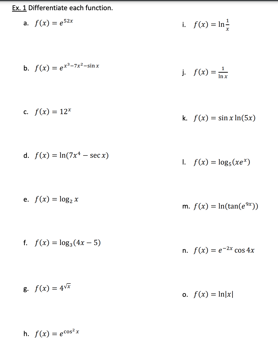 Solved Ex. 1 Differentiate each function. a. f(x)=e52x i. | Chegg.com