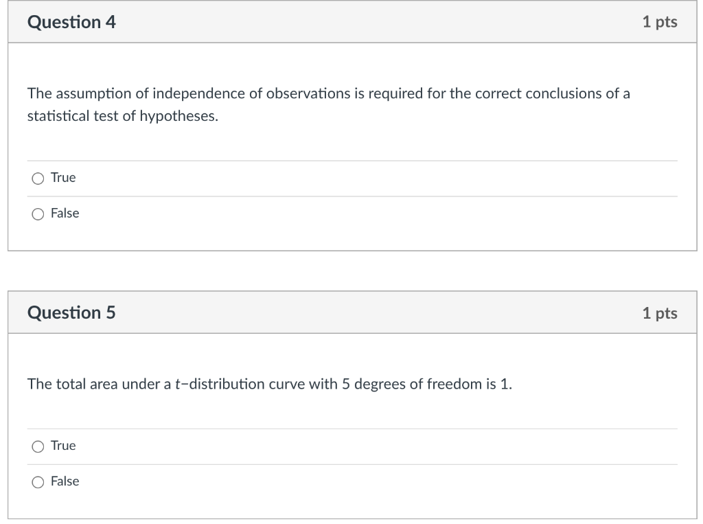 Solved Question 4 1 pts The assumption of independence of | Chegg.com