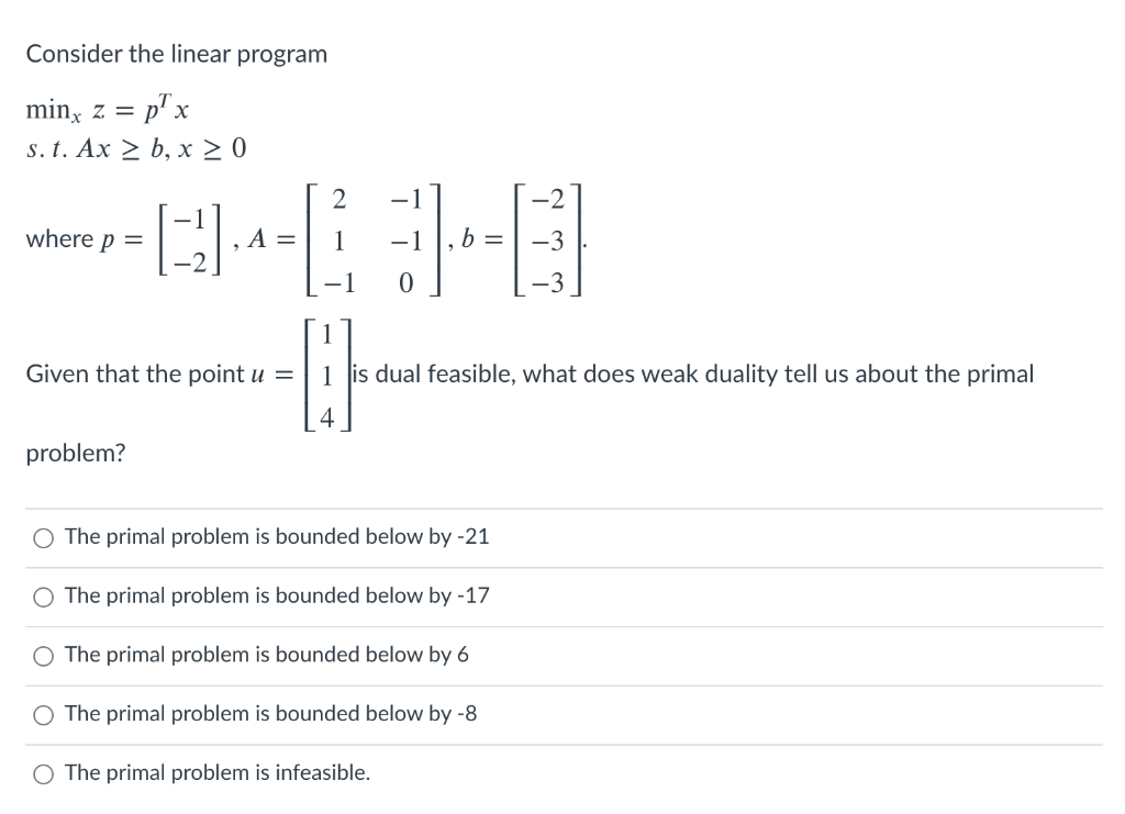 Solved Consider the linear program minx z = p? x s. t. Ax 2 | Chegg.com