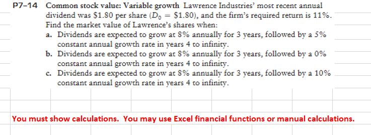 Solved P7-14 Common stock value: Variable growth Lawrence | Chegg.com