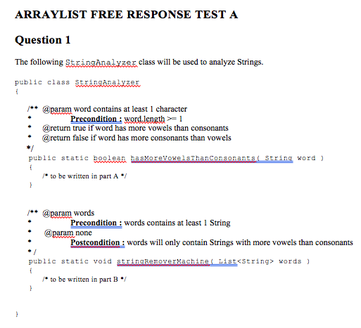 Solved ARRAYLIST FREE RESPONSE TEST A Question 1 The | Chegg.com