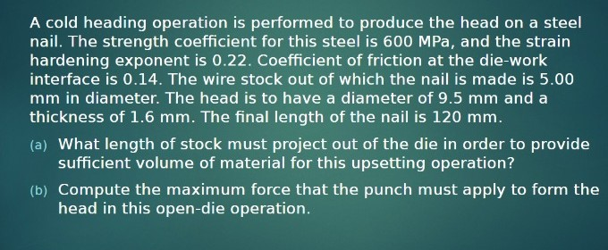 Solved A cold heading operation is performed to produce the | Chegg.com
