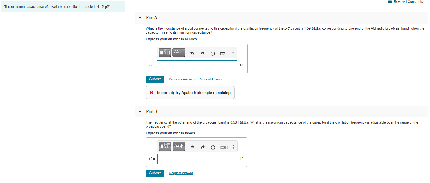 Solved A Review Constants The minimum capacitance of a | Chegg.com