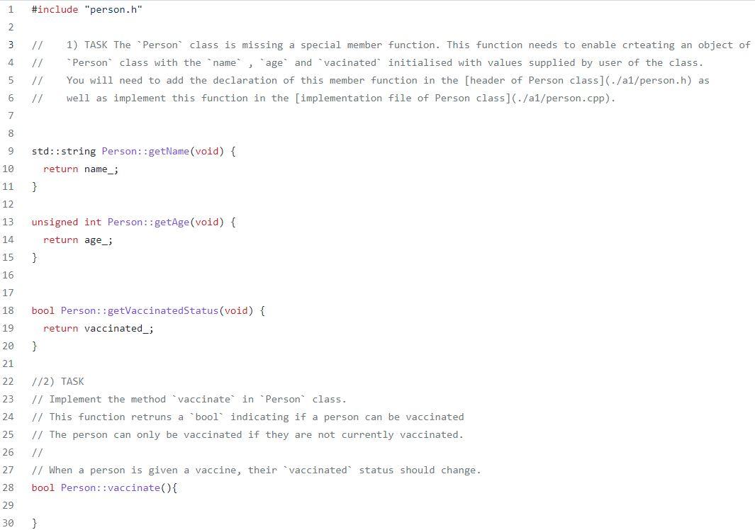 Solved C++ question TASK The Person class is missing a | Chegg.com