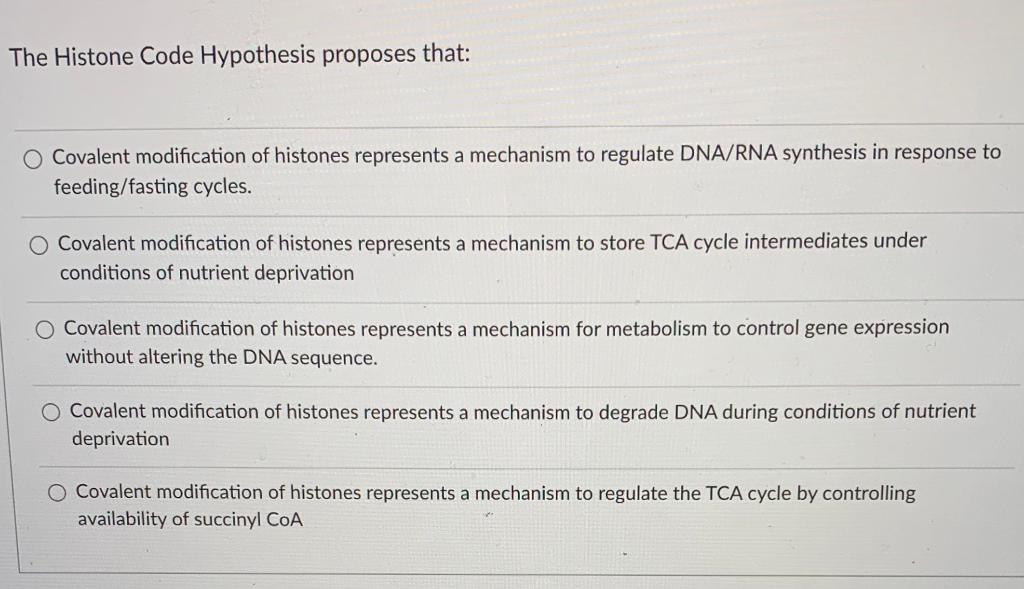 Solved The Histone Code Hypothesis proposes that: Covalent | Chegg.com