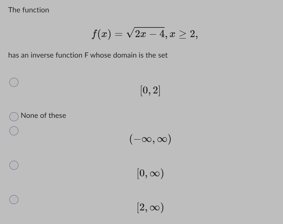 Solved The function f(x)=2x−4,x≥2 has an inverse function F | Chegg.com