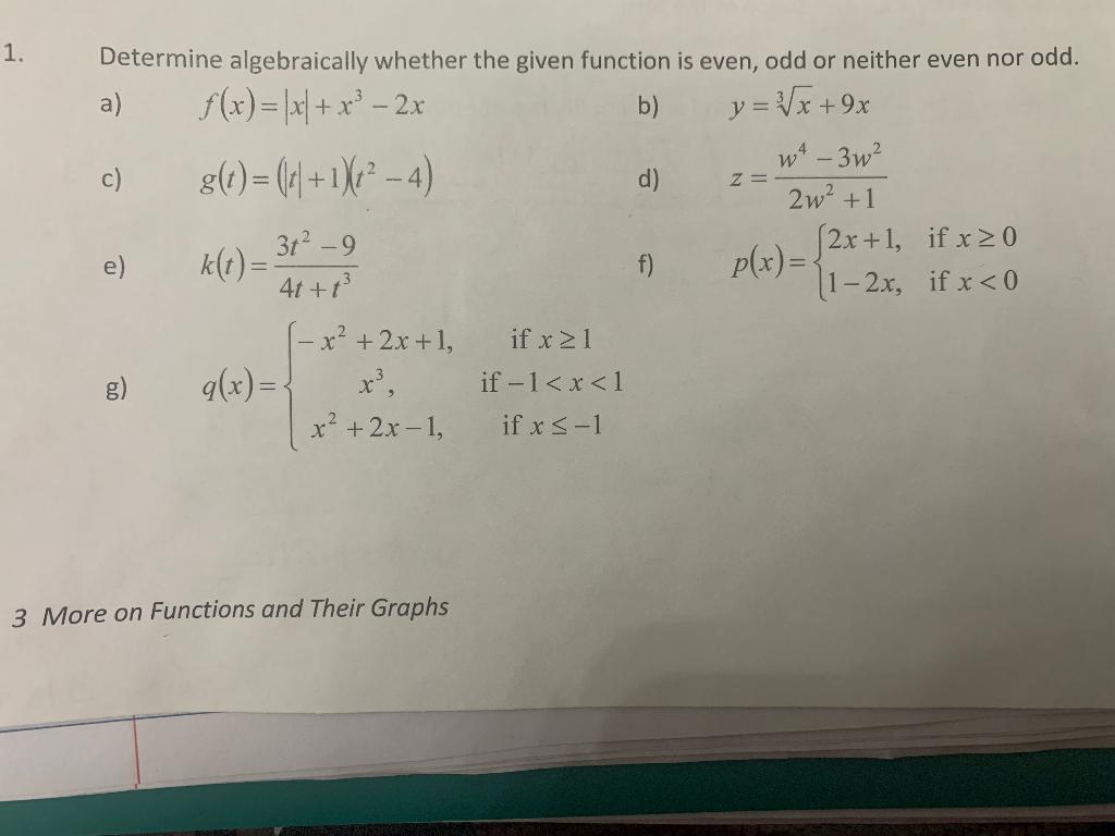 Solved 1. Determine algebraically whether the given function | Chegg.com