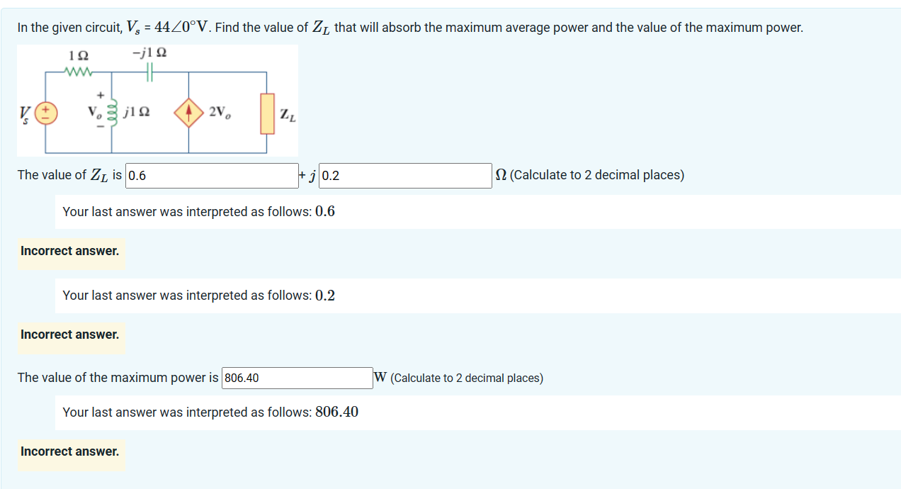 Solved In the given circuit, Vs=44∠0∘V. Find the value of ZL | Chegg.com