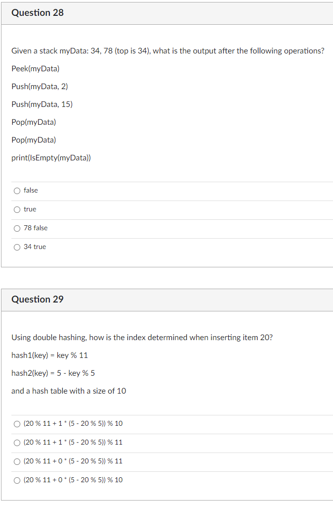 Solved Question 28 Given a stack myData: 34, 78 (top is 34), | Chegg.com