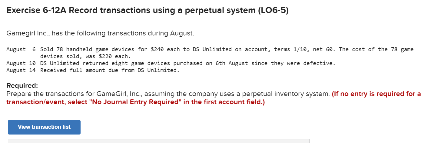 Solved Exercise 6-12A Record transactions using a perpetual | Chegg.com