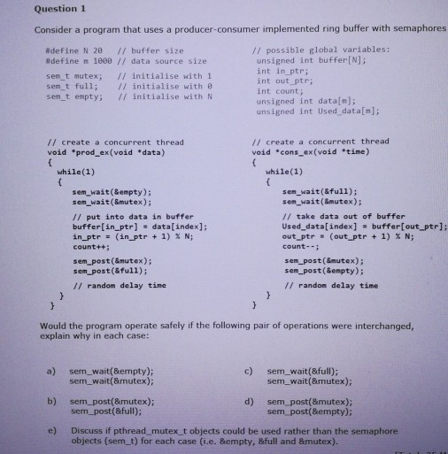 (Solved) : Question 1 Consider Program Uses Producer Consumer ... (Solved) : Question 1 Consider Program Uses Producer Consumer ...