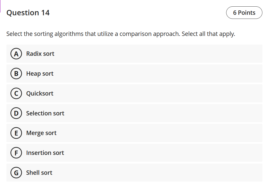 Solved Question 14 6 Points Select the sorting algorithms | Chegg.com