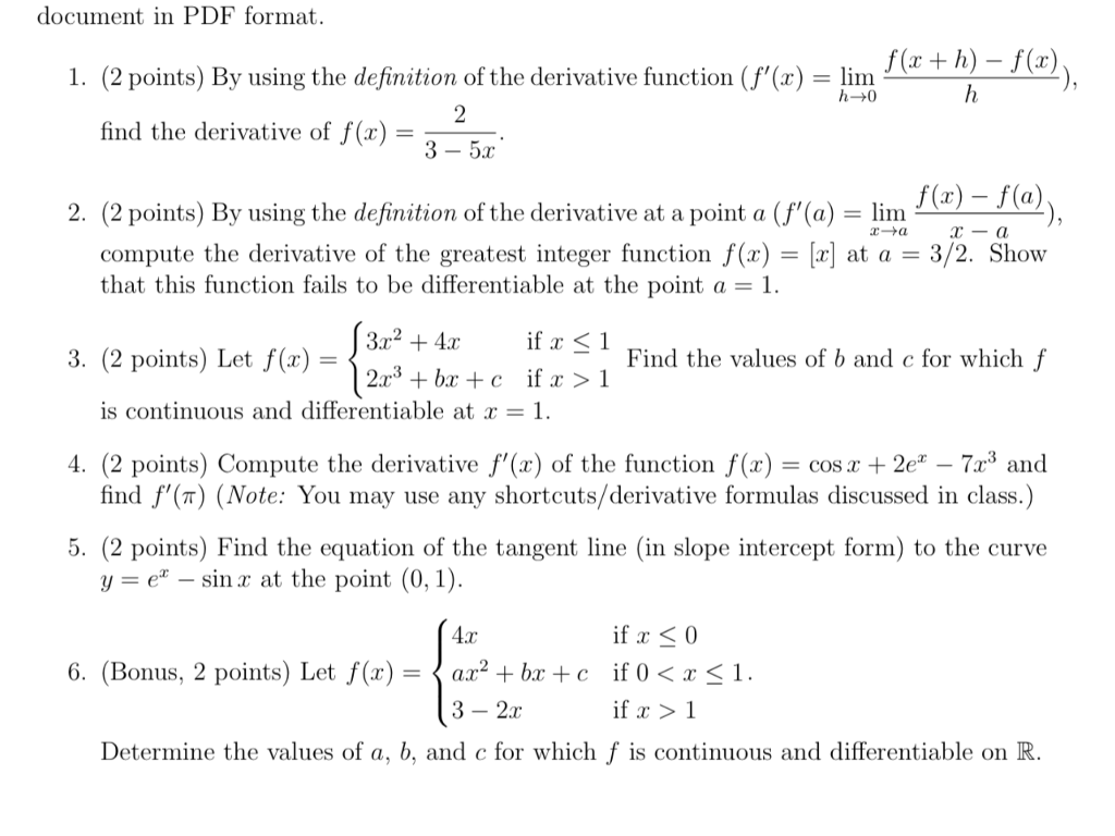 Solved document in PDF format. f(x + h) – f(x)), h→0 h 1. (2 | Chegg.com